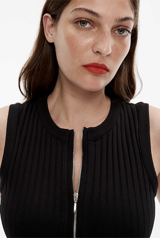 Black Cotton Rib Zip Tank - Women's Sleeveless Tops | Witchery