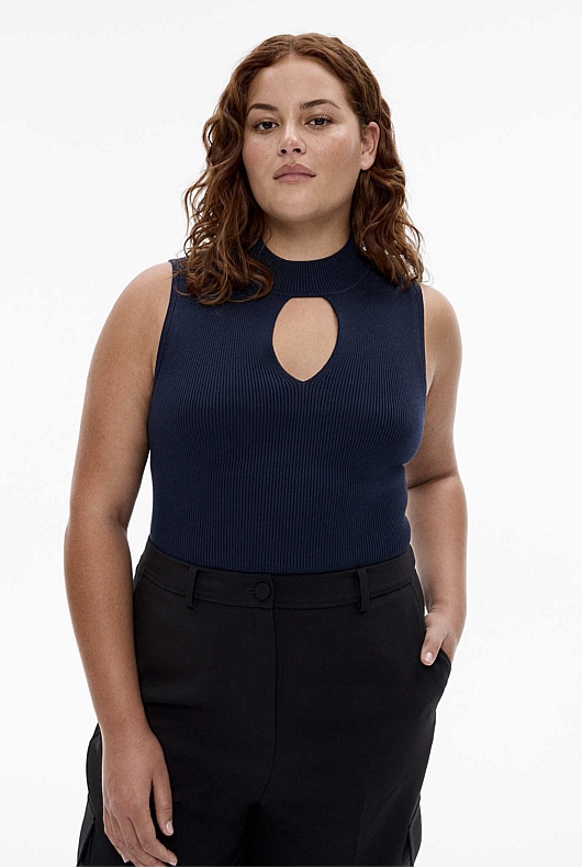 Strong Blue Keyhole Knit Tank - Women's High Neck Tops | Witchery