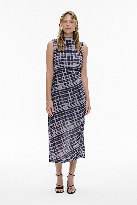 French Navy Blurred Check Mesh Dress - Women's Dresses | Witchery