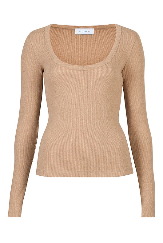 Natural Marle Scoop Neck Rib Top - Women's Workwear Tops | Witchery