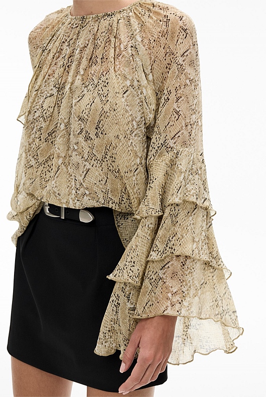 Snake Print Ruffle Shirt - Women's Long Sleeve Tops | Witchery