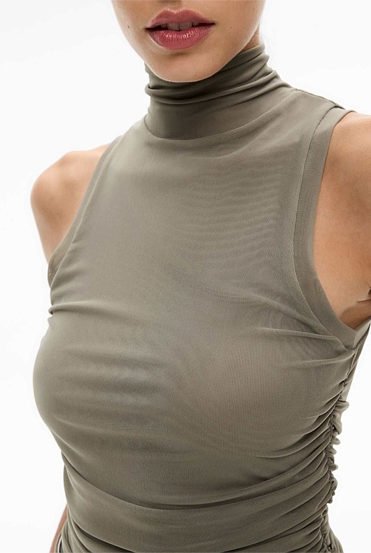 Khaki Mesh High Neck Tank - Women's Sleeveless Tops | Witchery