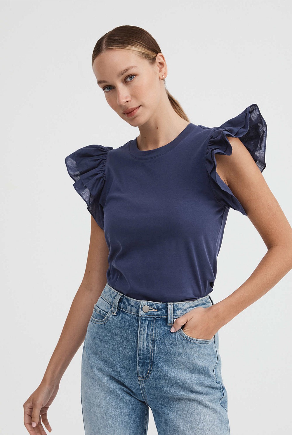Ink Blue Cotton Ruffle Sleeve Top - Women's Evening Tops | Witchery