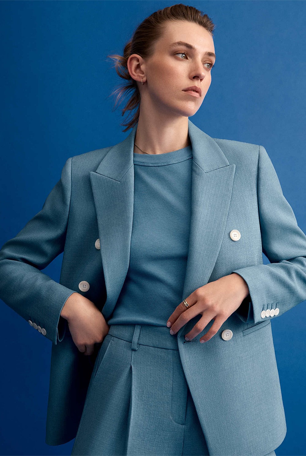 Dusty Blue Acetate Blend Double-Breasted Blazer - Women's Blazers | Witchery