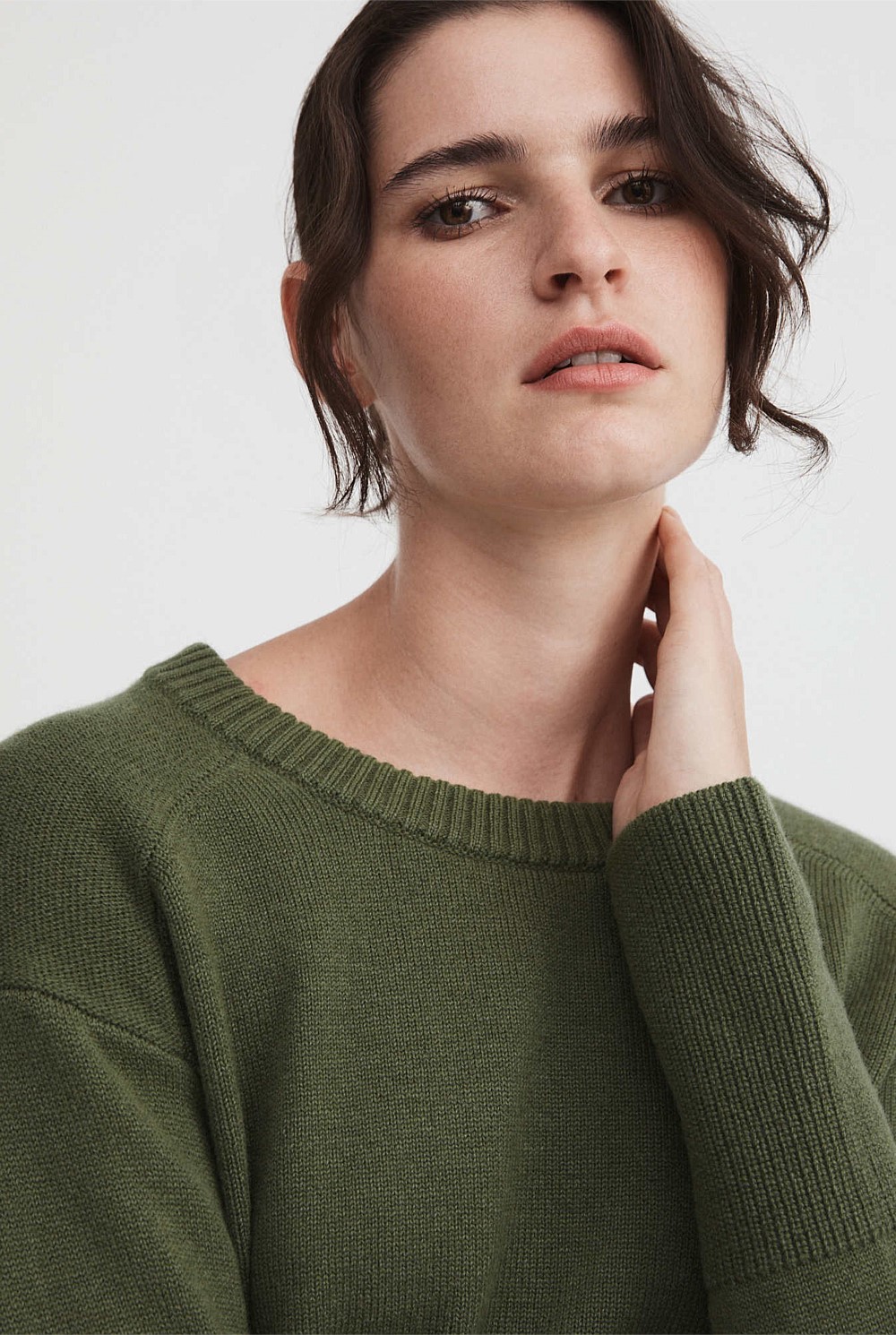 Olive Drop Shoulder Crew Knit - Women's Crew Neck Jumpers | Witchery