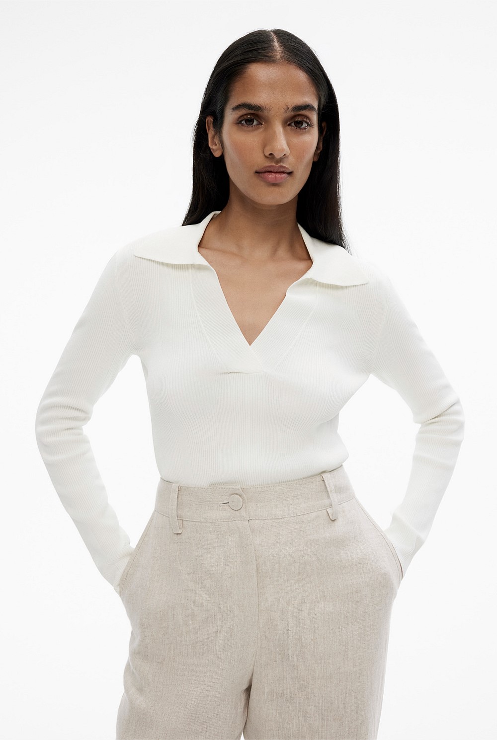 Chalk Crepe Rib Henley Knit - Women's Long Sleeve Tops | Witchery