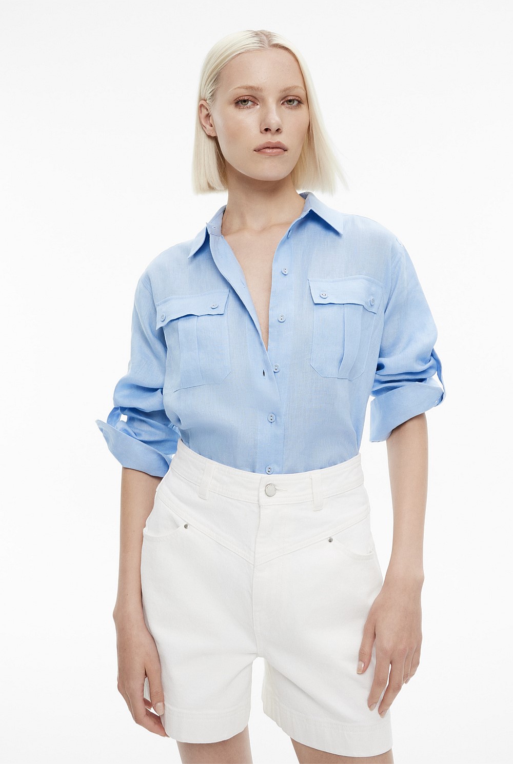 Pastel Blue French Linen Pocket Detail Shirt - Women's Linen Shirts ...
