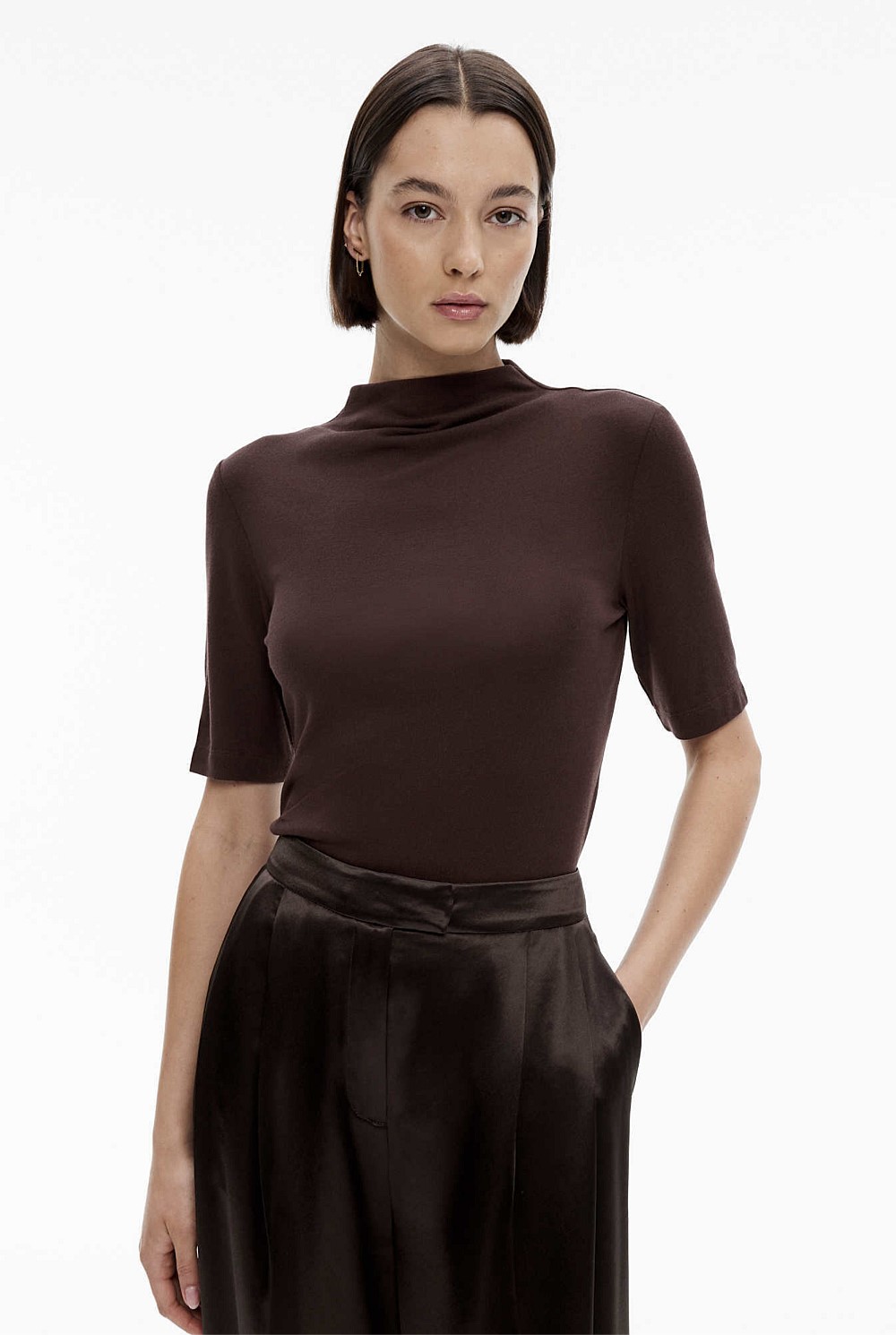 Bitter Chocolate Wool Blend Mock Neck Tee - Women's Short Sleeve Tops ...