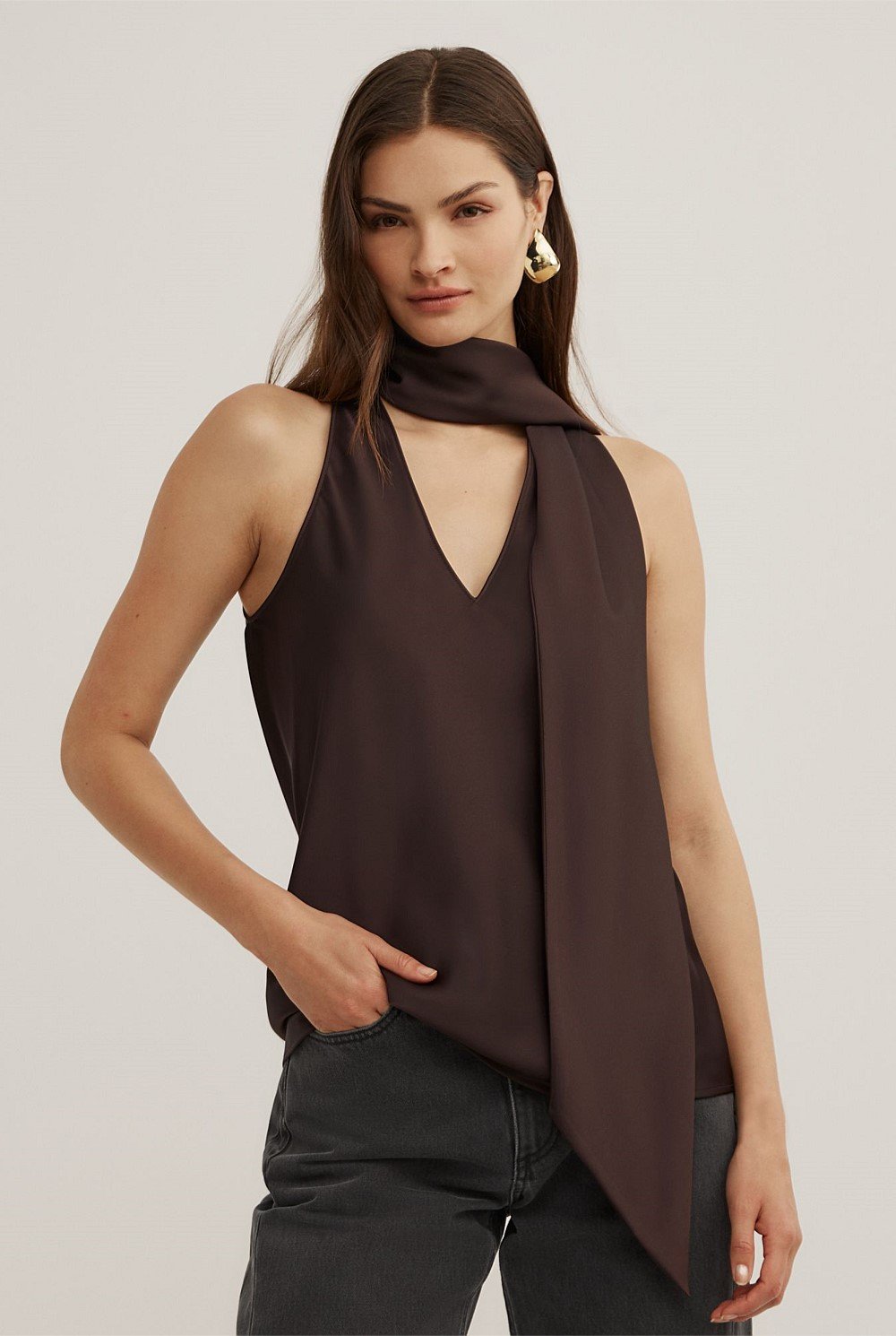 Espresso V-Neck Scarf Top - Women's Camisoles | Witchery