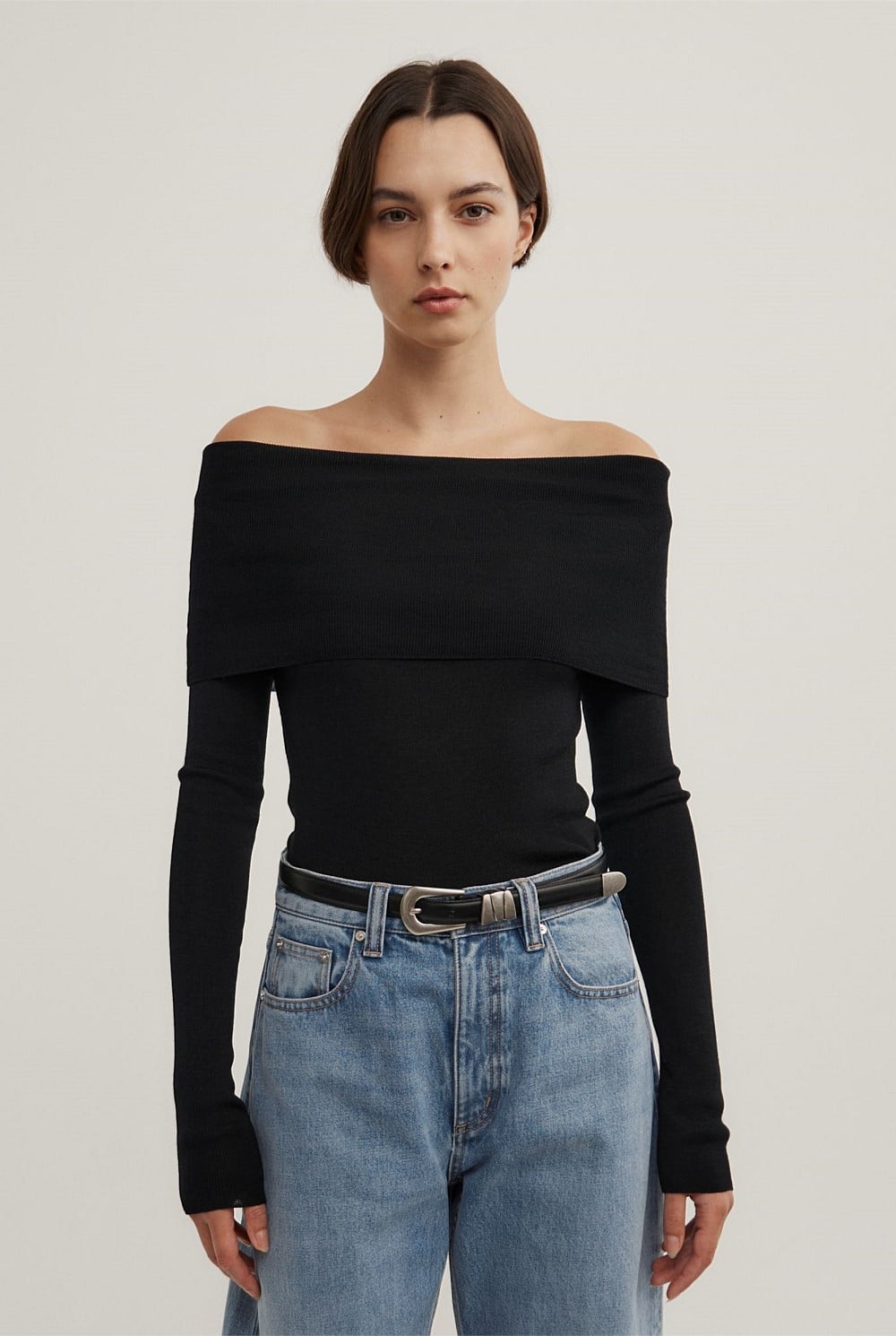 Black Fold Over Knit - Women's Long Sleeve Tops | Witchery