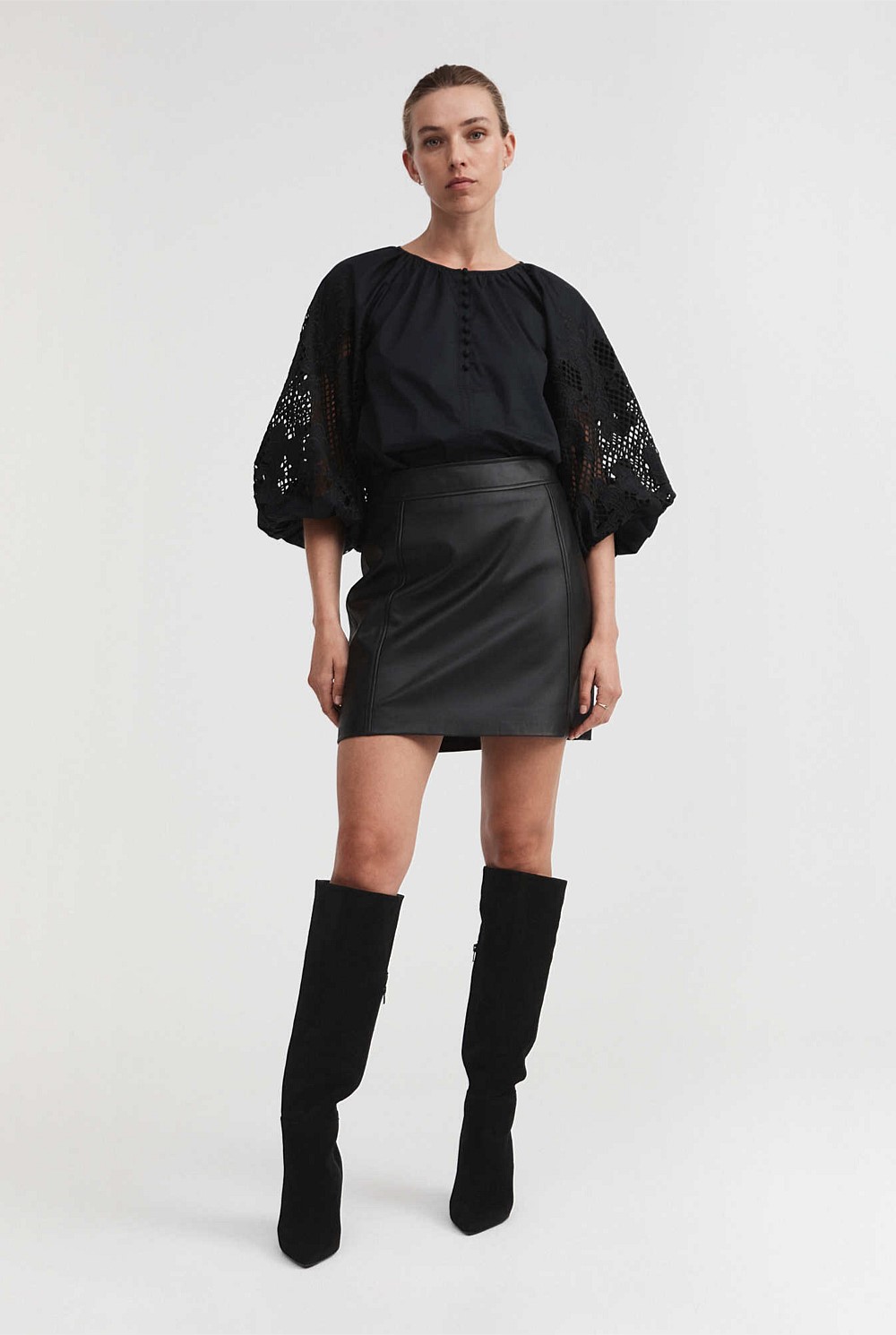 Black Suede Knee High 90mm Heeled Boot - Women's Workwear Shoes | Witchery