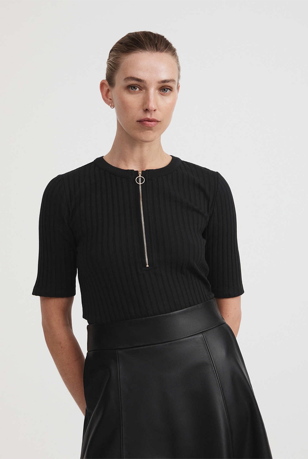 Black Cotton Rib Zip Front Top - Women's Tops & T Shirts | Witchery