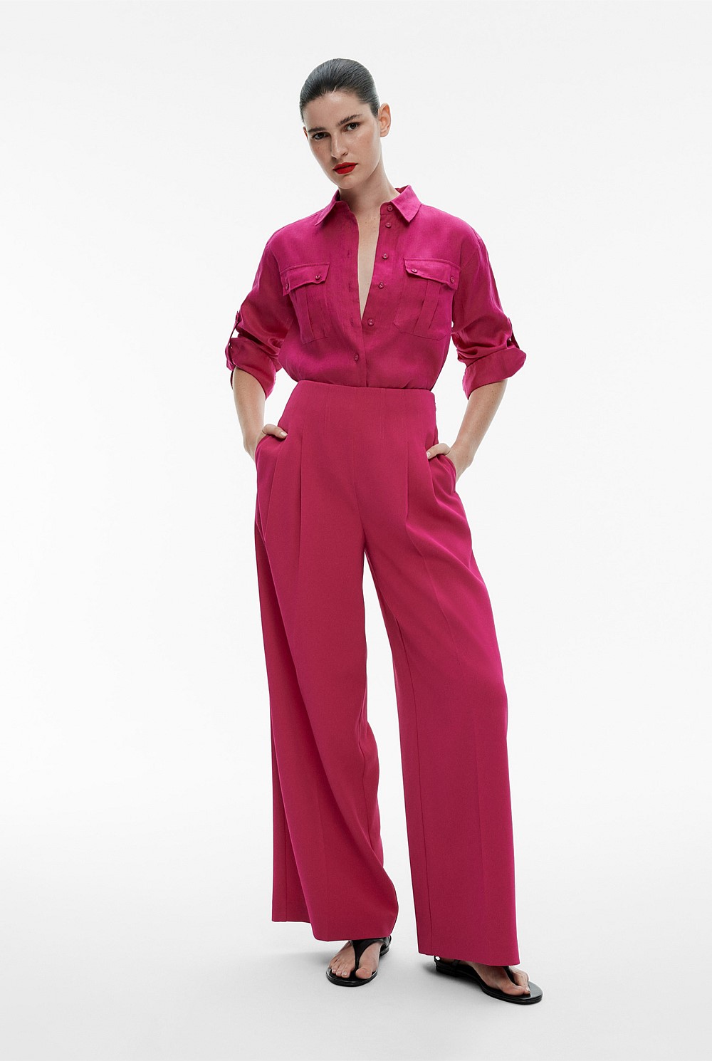 Dahlia Pink French Linen Pocket Detail Shirt - Women's Linen Shirts ...
