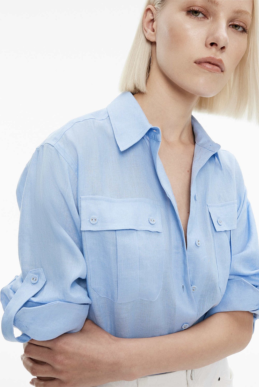 Pastel Blue French Linen Pocket Detail Shirt - Women's Linen Shirts ...