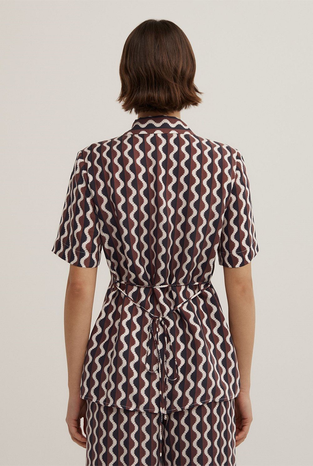 Rhubarb Wave Cupro Tie Waist Shirt - Women's Short Sleeve Shirts | Witchery